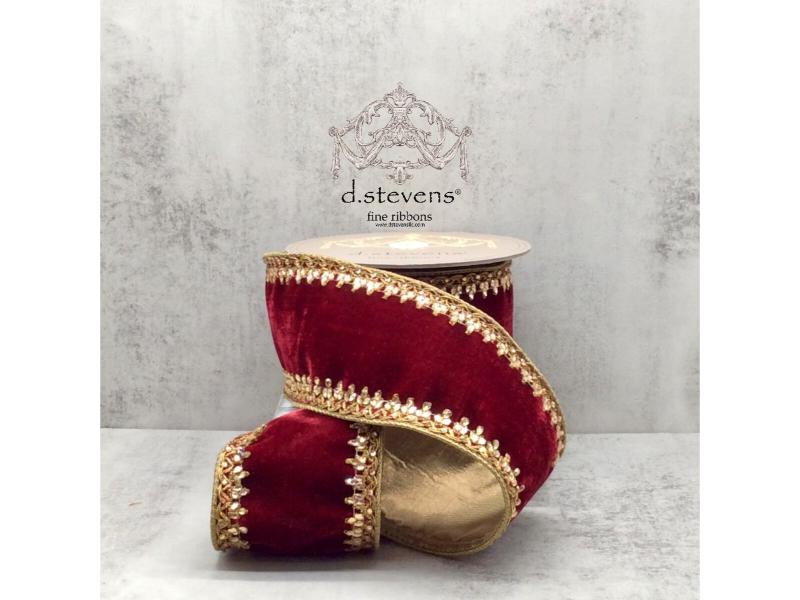 4" x 5 yds Ruby Velvet Gold Jewel Side Trim Ribbon - Holiday Warehouse ...